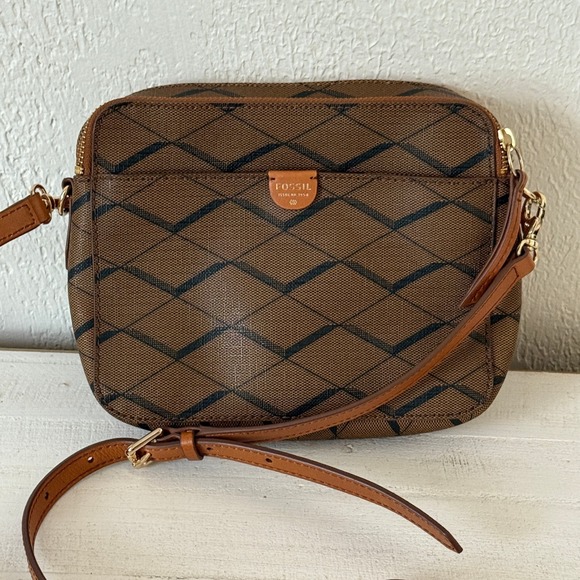 Fossil | Bags | Fossil Crossbody Bag Brown Monogram Print Coated Canvas ...